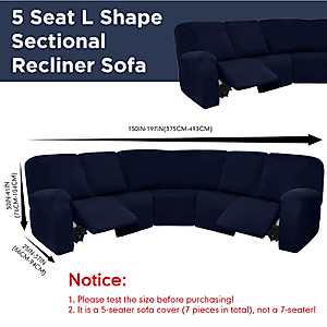 Peryiter 7 Pcs L Shape Sectional Recliner Sofa Covers 5 Seat Sectional Couch Covers Milk Silk Velvet Stretch Reclining Sofa Slipcover Furniture Protector for Living Room(Navy Blue,Milk Silk)