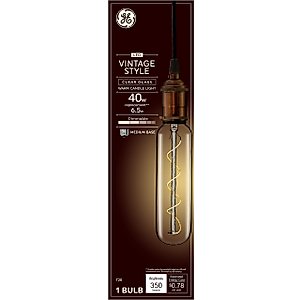 GE Vintage Style LED Light Bulb, 40 Watt, Clear Finish, Warm Candle Light, T20 Tube Light