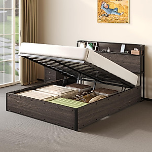 Albott Queen Size Lift up Storage Bed Frame, Wooden Platform Bed Frame with Storage Headboard ＆ Charging Station, No Spring Box Needed/Noise Free, Black