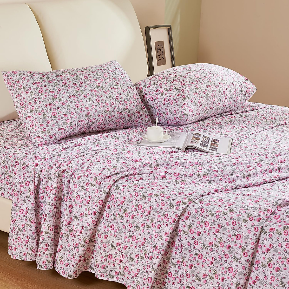 Twin Sheet Set 3PC Printed Pink Flower Pattern Cooling 1800 Microfiber with Deep Pocket, Soft, Breathable, Hypoallergenic, Wrinkle Free, Single Bedding for Kids, College Dorm, Hospital - (Rose Floral)