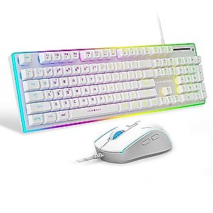 MageGee Gaming Keyboard and Mouse Combo, True RGB Backlit Membrane Office Keyboard, 104 Keys Aluminum Panel USB Quiet Wired Keyboard for Windows Laptop PC - White/Silver