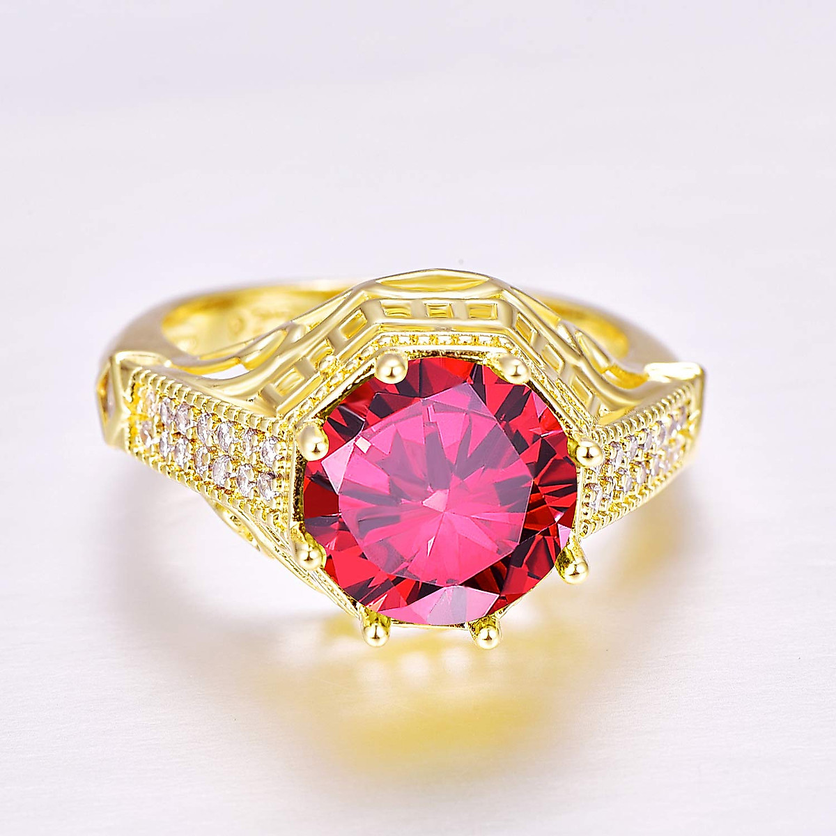 Narica Women's Yellow Gold Plated Vintage Round Cut Created Garnet Openwork Rings Band CZ Cubic Zirconia Filled for Mom 8#