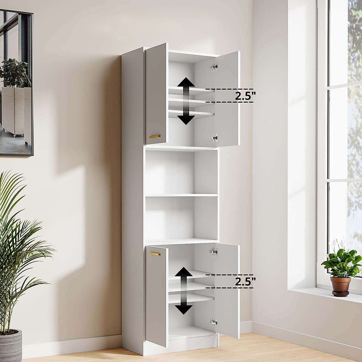 Kitchen Pantry Storage Cabinet 75" Tall 4 Doors Wood Freestanding Cupboard with Open Countertop and Adjustable Shelves Utility Hutch Cabinet for Dining Room Living Room Laundry Bathroom, White