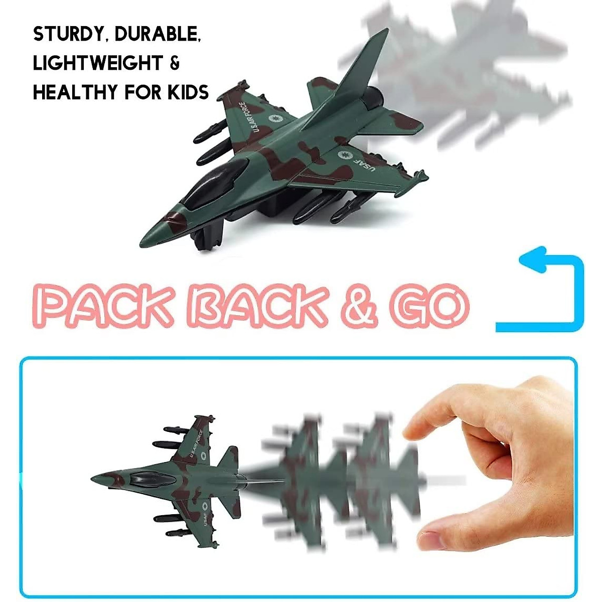 UiiQ Pull Back Airplane Toy Set Die Cast Metal Military Themed Fighter Jets, Good for Kids Toy Set Collection - 4 Pcs (Blue)