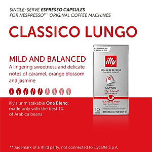 illy Lungo Classico Coffee, Classic Roast (Medium Roast) (100-Count single serve capsules, compatible with Nespresso Original Line System coffee machines)