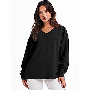 ANRABESS Women’s Casual Long Sleeve Sweatshirt V Neck Off Shoulder Shirt Loose Baggy Comfy Knit Pullover Sweaters Tunic Top 2023 Fall Clothes A1069heise-XL Black