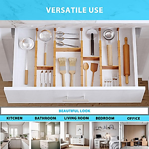 GZOOGHOME 6 Pack Bamboo Drawer Dividers with 12 Inserts, Expandable Adjustable Clothes Drawer Organizers and Storage from 17" to 22" for Kitchen, Bedroom, Dresser, Cosmetics (Natural)