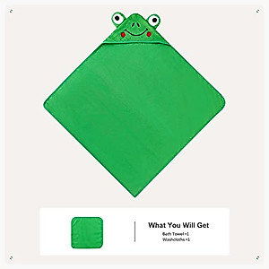 SYNPOS Hooded Baby Towel Set - Ultra Soft & Absorbent Bamboo Cotton Bath Towel and Washcloth - Perfect Newborn Essential Cute Frog Design - 30 x 30 Inch