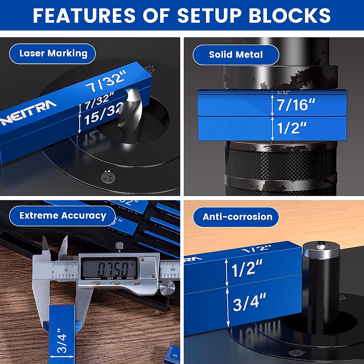 Neitra Setup Blocks Woodworking - 15 PCS Aluminum Height Gauge Blocks Set - Woodworking Measuring Tools Precision Setup Bars for Router Table Saw, Blue