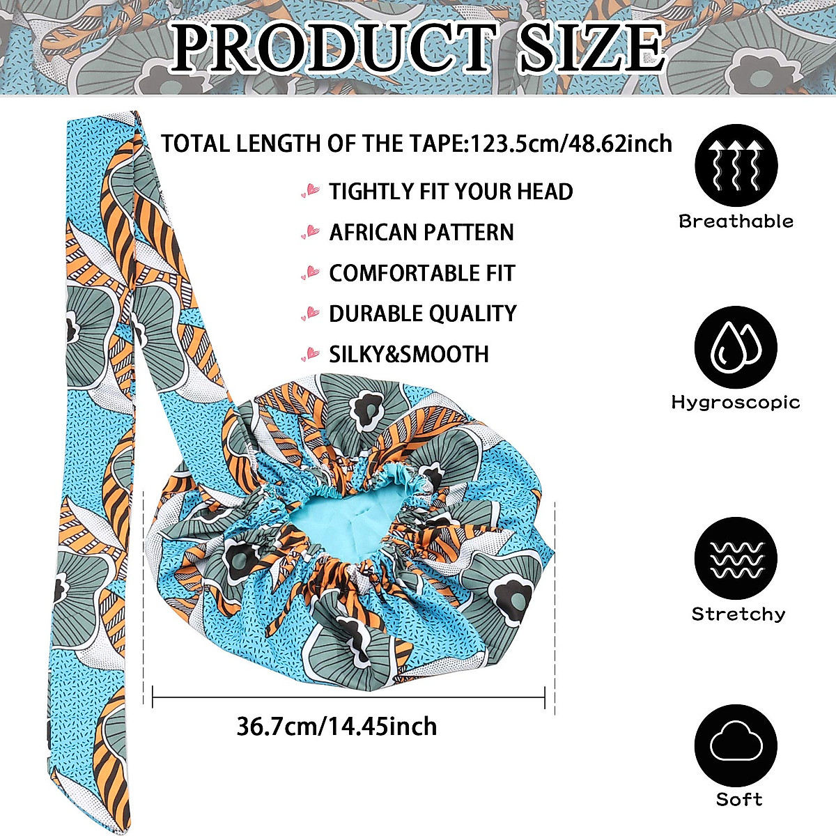 4 Packs Satin Bonnet for Women Silk Bonnet Sleep Cap African Print Head Scarf Head Wrap for Long Curly Natural Hair Braids Hat Large Soft Night Sleeping Cap Head Cover