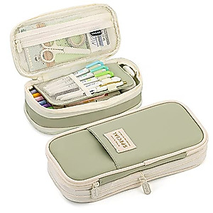 MAMUNU Expandable Pencil case with compartments, Large Capacity Pencil Cases Pencil Bag Pouch Kids Adults, Portable Pencil Case Large School Stationery Organizer, Makeup Cosmetic Bag, Green