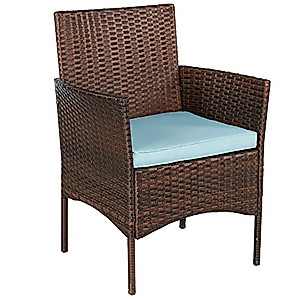 BTEXPERT Space Saving Outdoor Wicker Conversation 3 Piece Bistro Set Garden Patio Yard Porch Furniture Pe Rattan Two Chairs Cushions Side Storage Table Brown/Aqua Blue