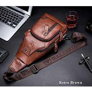 BULLCAPTAIN Men Crossbody Bag with USB Charging Port Genuine Leather Shoulder Sling Chest Bag Travel Hiking Backpack (Brown)