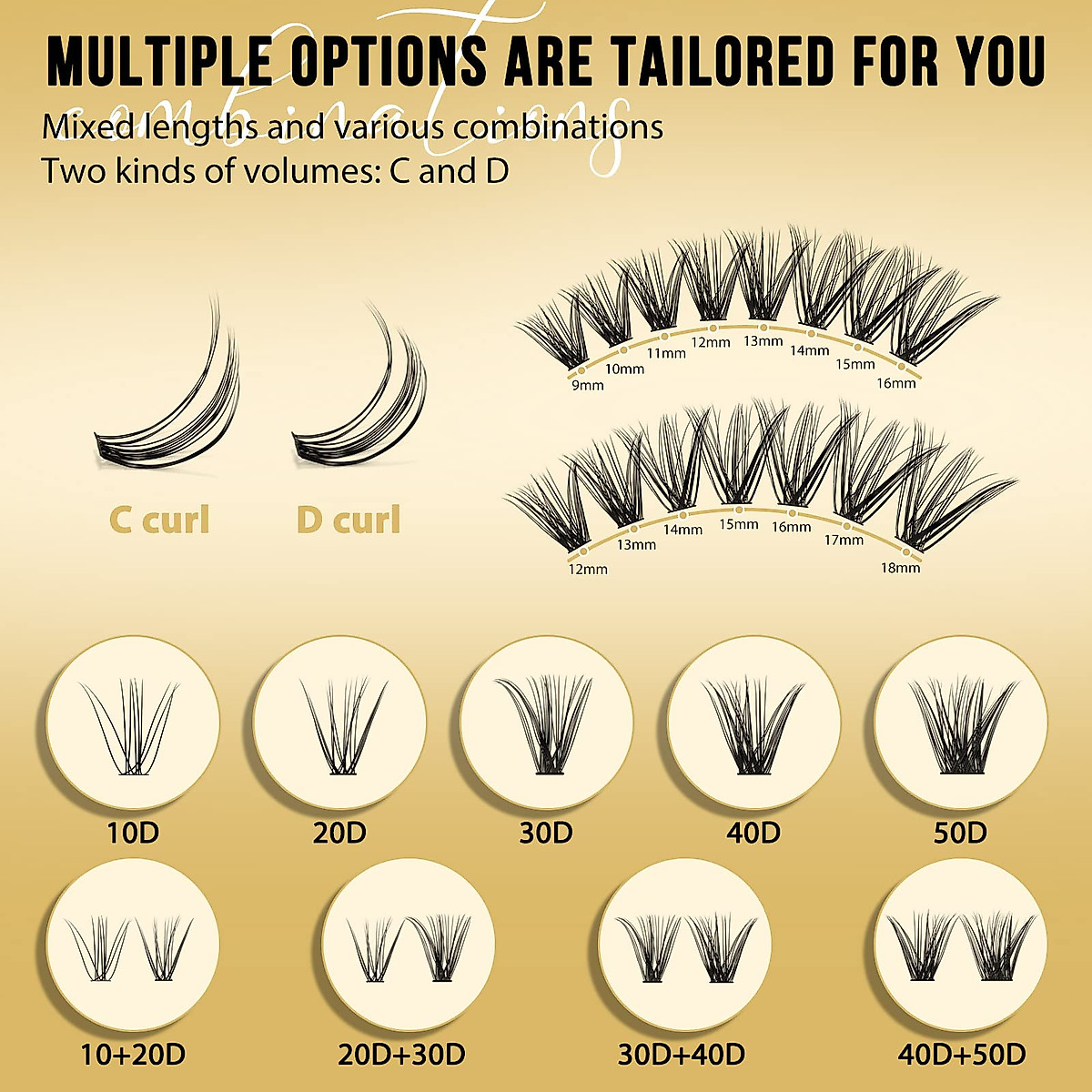 QUEWEL Lash Clusters 320Pcs Cluster Lashes 40D D Curl Lash Clusters Mix9-16mm Individual Eyelashes Clusters Wispy DIY Eyelash Extension Thin Band Soft to Use at Home (40D D Mix9-16)