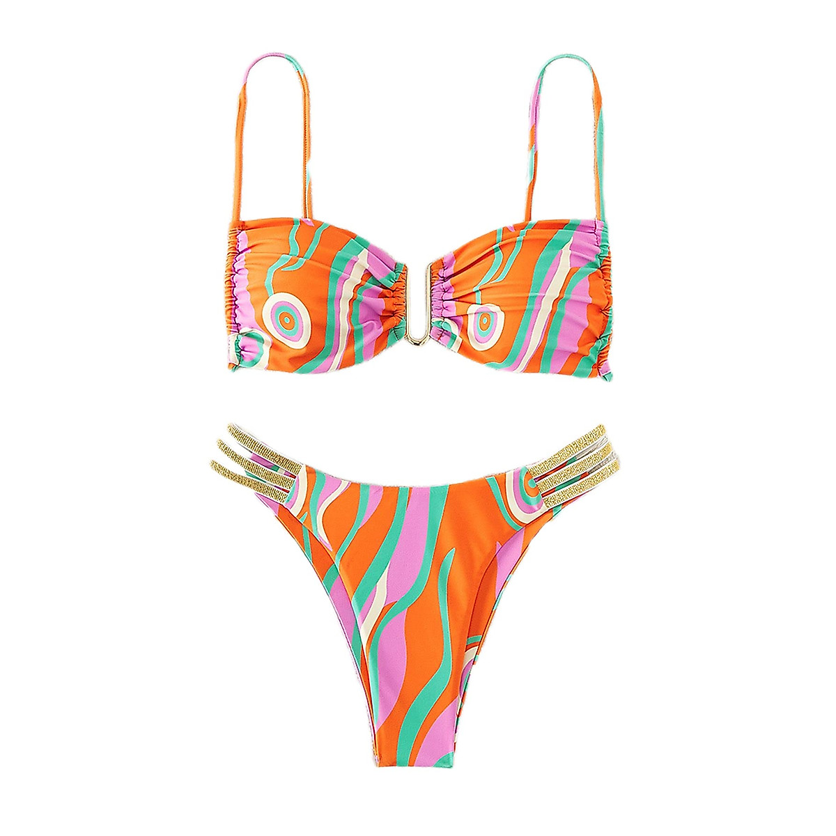 GORGLITTER Women's 2 Piece Sexy Strappy Deep Plunge Cut Out Bikini High Waisted Swimsuits Orange and Green X-Small