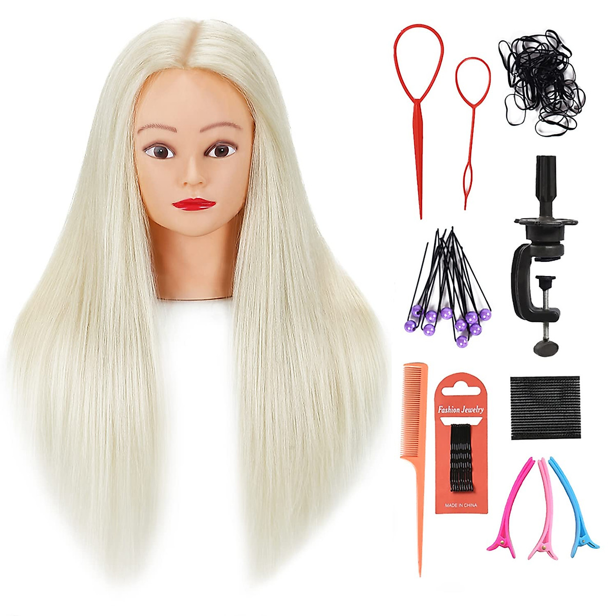 Armmu 26"-28" Long Hair Mannequin Head with 60% Real Hair, Hairdresser Practice Training Head Cosmetology Manikin Doll Head with 9 Tools and Clamp - #613, Makeup On