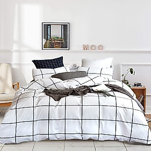 KAREVER White Grid Comforter Set Big Grid Queen Cotton White Black Plaid Printed Stripes Women Checkered Queen Comforters Bedding Set Bed Blanket Set White Plaid Comforter