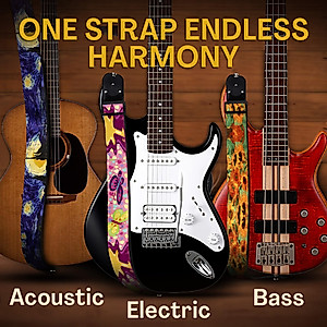 Van Gogh "Starry Night" Guitar Strap for Bass , Electric & Acoustic Guitar Includes 2 Strap Locks & 2 Matching Picks. Adjustable Cotton Guitar Strap - Best Gift Set for Men Women Guitari Players