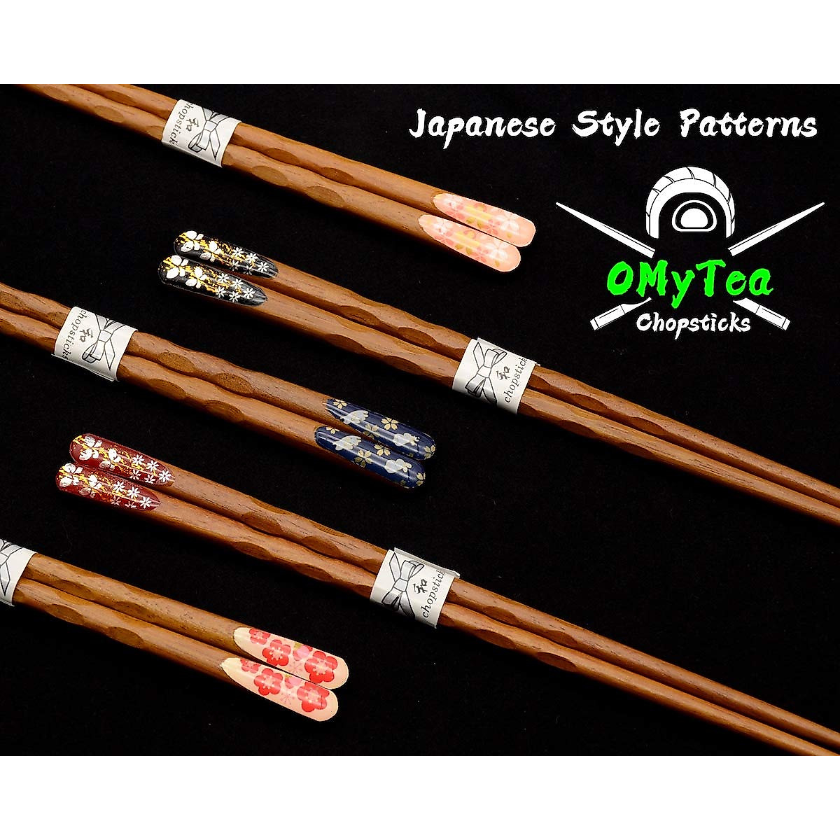 OMyTea Chopsticks Reusable - Japanese Wooden Chopsticks 5 Pairs Gift Sets, 9 Inch/23cm, for Sushi, Ramen, Noodles, Rice, Camping, Travel (Sakura Nails)