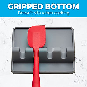 Grey Silicone Spoon holder for Stove Top with Drip Pad (Two Pack) - Heat Resistant, BPA Free Utensil Rest & Spoon Rest for Kitchen Counter - Grill Utensil Holder for Spatulas, Tongs, Ladles