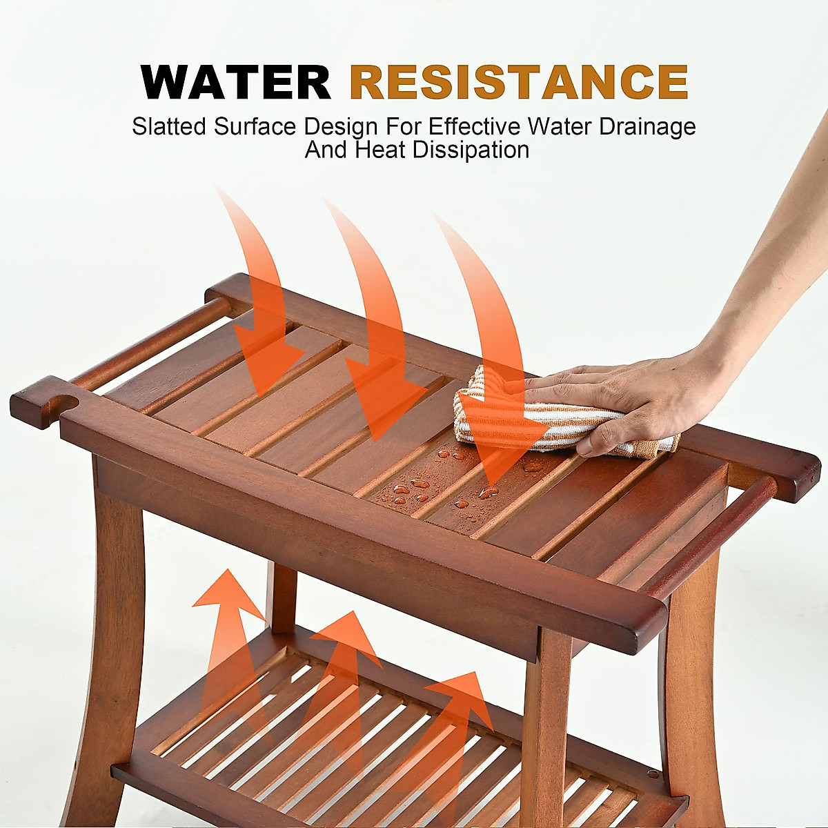 Jekruiet Teak Shower Chair Stool, 24 Inch Shower Bench Seat, Wooden Bathroom Bench with Storage Shelf for Adults, Elderly, Disabled Indoor & Outdoor Use