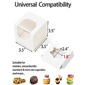 Happyhiram Cupcake Boxes 50 Pcs White Individual Cupcake Box, Single Cupcake Containers Cardboard Holders with Inserts and Window for Muffins Cocoa Bombs Packaging Togo Boxes for Birthdays Showers Party Favors Packing