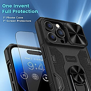 NULETO Designed for iPhone 14 Pro Case, with Screen Protector & Stand & Slide Camera Cover, Full-Body Rugged Shockproof Protective Cover for iPhone 14 Pro Built-in 360° Rotate Ring Kickstand - Black