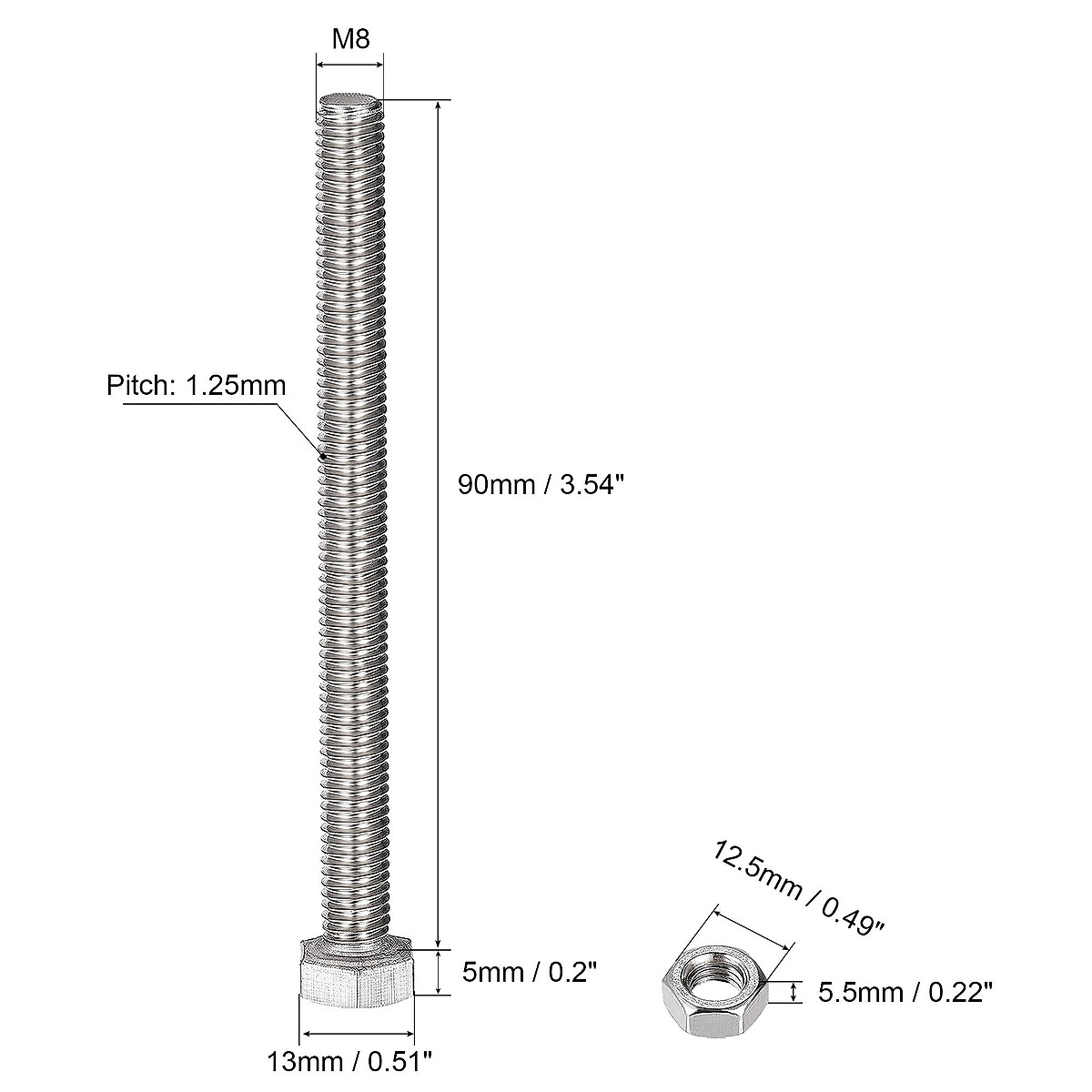 uxcell M8 x 90mm Hex Head Screws Bolts, Nuts, Flat & Lock Washers Kits, 304 Stainless Steel Fully Thread Hexagon Bolts 4 Sets
