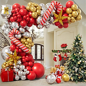 Bonropin Christmas Balloon Garland Arch Kit with Xmas Red and Gold Silver Balloons Candy Cane Balloons Gift Box Balloons Starburst Balloons for New Year Winter Christmas Party Decorations