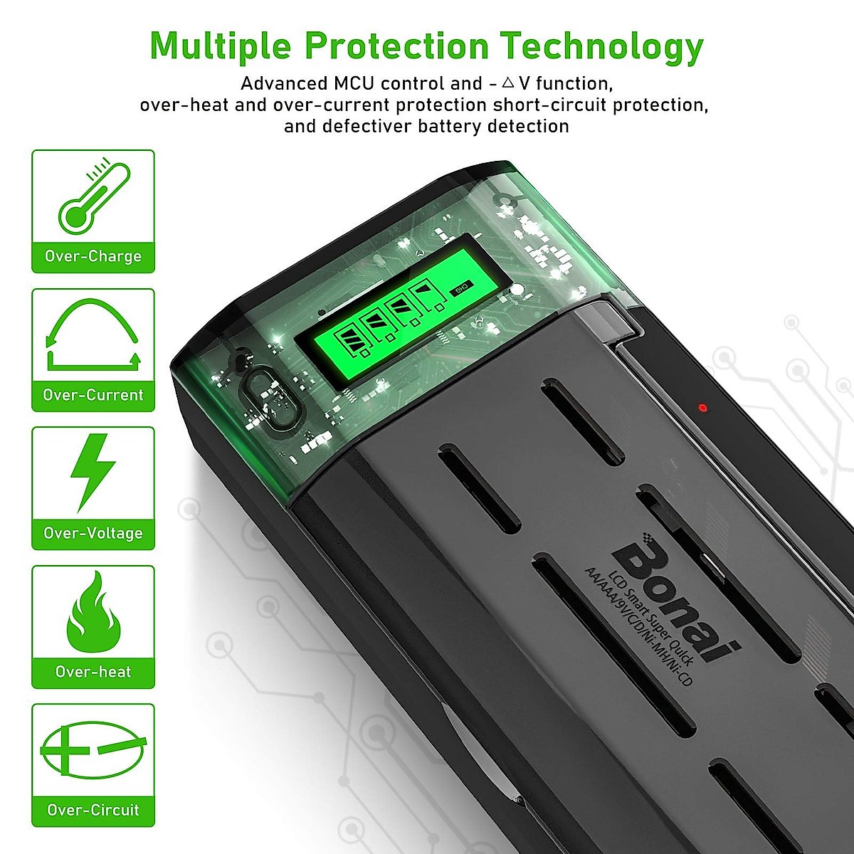 BONAI LCD Universal Battery Charger for AA, AAA, C, D, 9V Ni-MH Ni-CD Rechargeable Batteries with Rechargeable D Cells 10,000mAh 1.2V Ni-MH High Capacity High Rate D Size Battery (4-Counts)