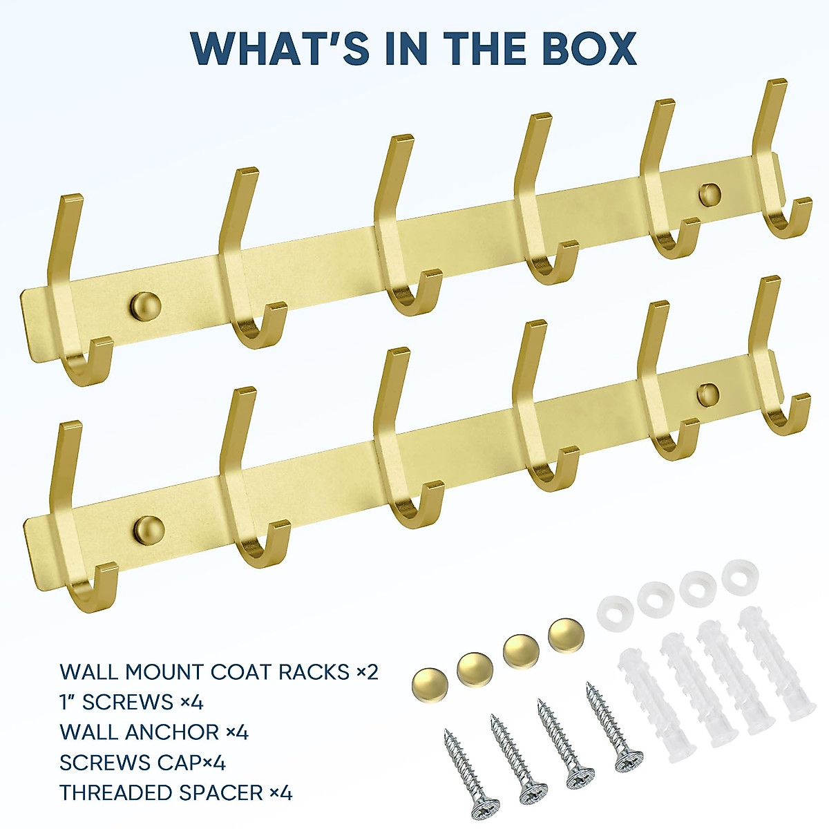 TICONN Wall Mounted Coat Rack - 6 Heavy Duty Dual Hooks All Metal Contemporary Coat Hanger for Jacket Coat Hat for Mudroom Entryway Bathroom (Gold, 2PK)