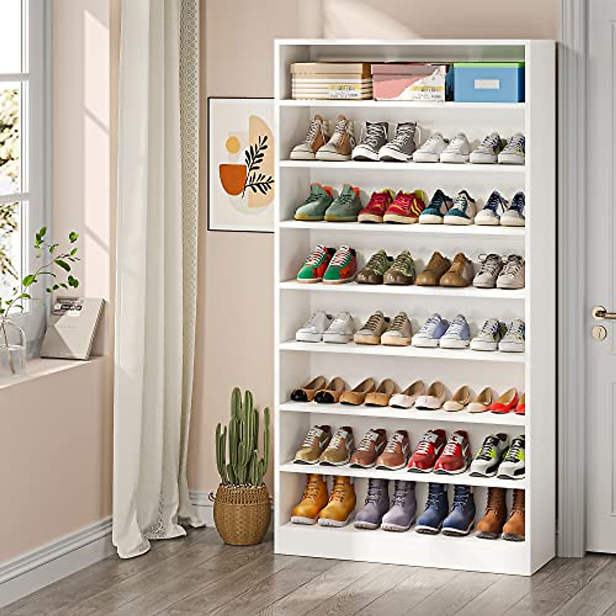 Tribesigns Shoe Cabinet, 9 Tiers 40-45 Pairs Heavy Duty Wood Freestanding Shoe Storage Cabinet, 70.8'' Tall Shoe Cabinet with Open Storage for Entryway, White