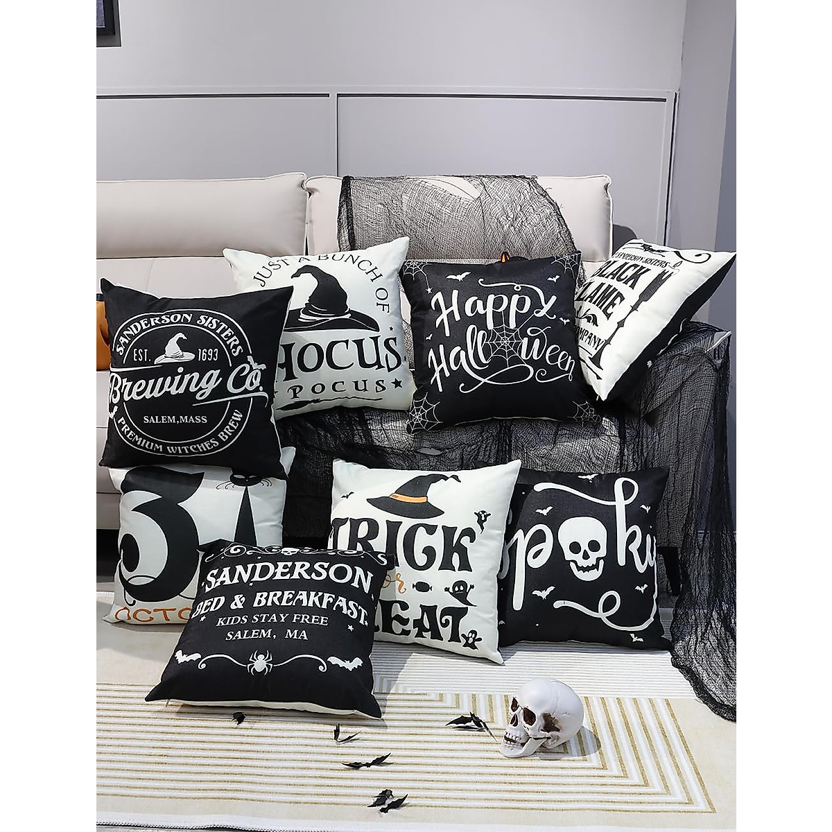 Halloween Decorations Pillow Covers Double-Side Printing 18x18 Set of 4 Halloween Decor Indoor Outdoor Hocus Pocus Farmhouse Saying Halloween Decorative Cushion Cases Spider Web Cat Skull Home Decor