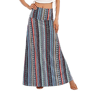 Zando Long Skirts for Women High Waisted Maxi Skirt Casual Trendy Dresses Fold-Over Workout Stretchy Flared Flower Skirt for Girls Geometric Stripe Medium