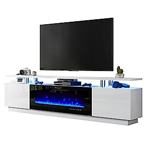 LUXOAK 80" Fireplace TV Stand, Modern High Gloss Finish Media Console with 40" Electric Fireplace, Open Storage Entertainment Center for TVs Up to 90" with LED Lights, White