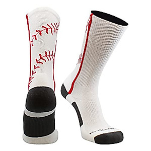 MadSportsStuff Baseball Socks with Stitches in Crew Length (White/Red, Small)