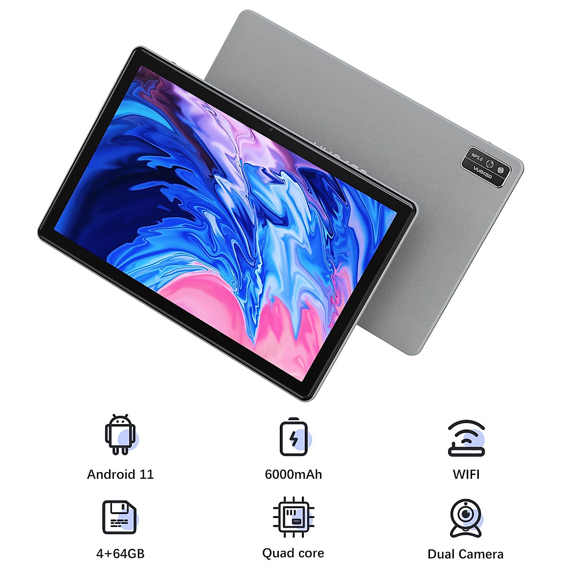 YUMKEM Tablet 10.1 inch, 4GB RAM 64GB Storage, Android 11 Go, 10 inch Android Tablets, 1280 X 800 IPS HD Display, Large Battery, Dual Camera, WiFi Only, Grey