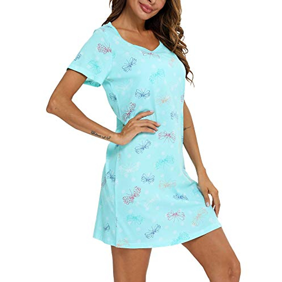 ENJOYNIGHT Women's Sleepwear Cotton Sleep Tee Short Sleeves Print Sleepshirt (Medium, Flying)