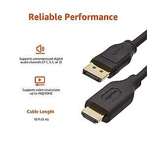 Amazon Basics DisplayPort to HDMI Display Cable, Uni-Directional, 4k@30Hz, 1920x1200, 1080p, Gold-Plated Plugs, 10 Foot, Black