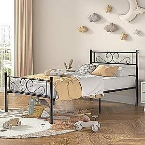 VECELO Twin Size Bed Frame with Headboard, 14 Inch Metal Platform Mattress Foundation, No Boxing Spring Needed, Squeak Resistant, Easy Assembly, Black