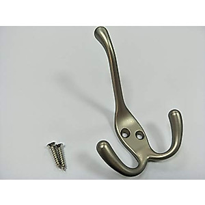 QCAA Coat Hat Hook with Three Prongs, 4", Zinc Die Cast, Satin Nickel, 5 Pack, Made in Taiwan