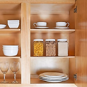 Plastic Jars (32 Fl Ounce - 6 Pack) Square Grip Handle | Clear PET Empty Jar Container Sets with Ribbed White Airtight Lid | Food Storage, Supplies, Snacks, Detergent, Kitchen & Household Storage