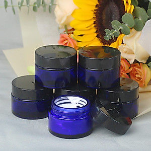 BPFY 24 Pack 1 oz Round Blue Glass Cosmetic Jars with Inner Liners and Black Lids, Travel Glass Jars, Cosmetic Containers for Lip Balms, Powders, Makeup, Cream, Eyeshadow, Slime, Paint