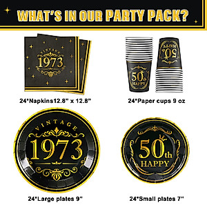 50th Birthday Party Paper Plates Cup Napkins - 96PCS Disposable Plates Cups Paper Napkins Women Men 50 Years Old Birthday Retirement Party Balck Gold Tableware Serves 24 Guests, 9” Plates, 7” Plates