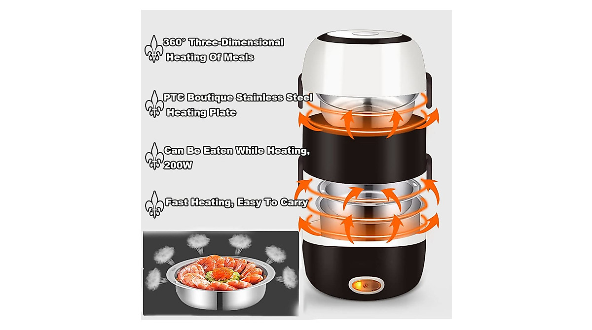 Portable Electric Lunch Box 3-Layer 2L Heats & Steams Food