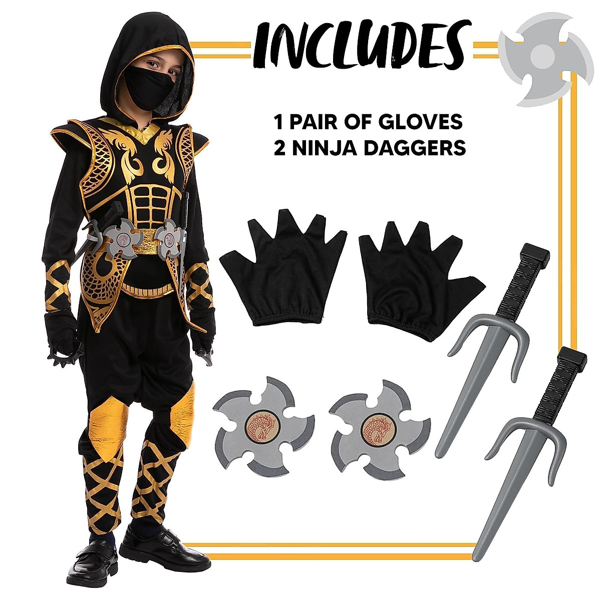 Spooktacular Creations Golden Ninja Costume Set, Ninja Jumpsuit with Foam Accessories for Kids, Toddler Halloween Outfit for Ideas Cosplay Party (X-Large, 12-14 yrs)