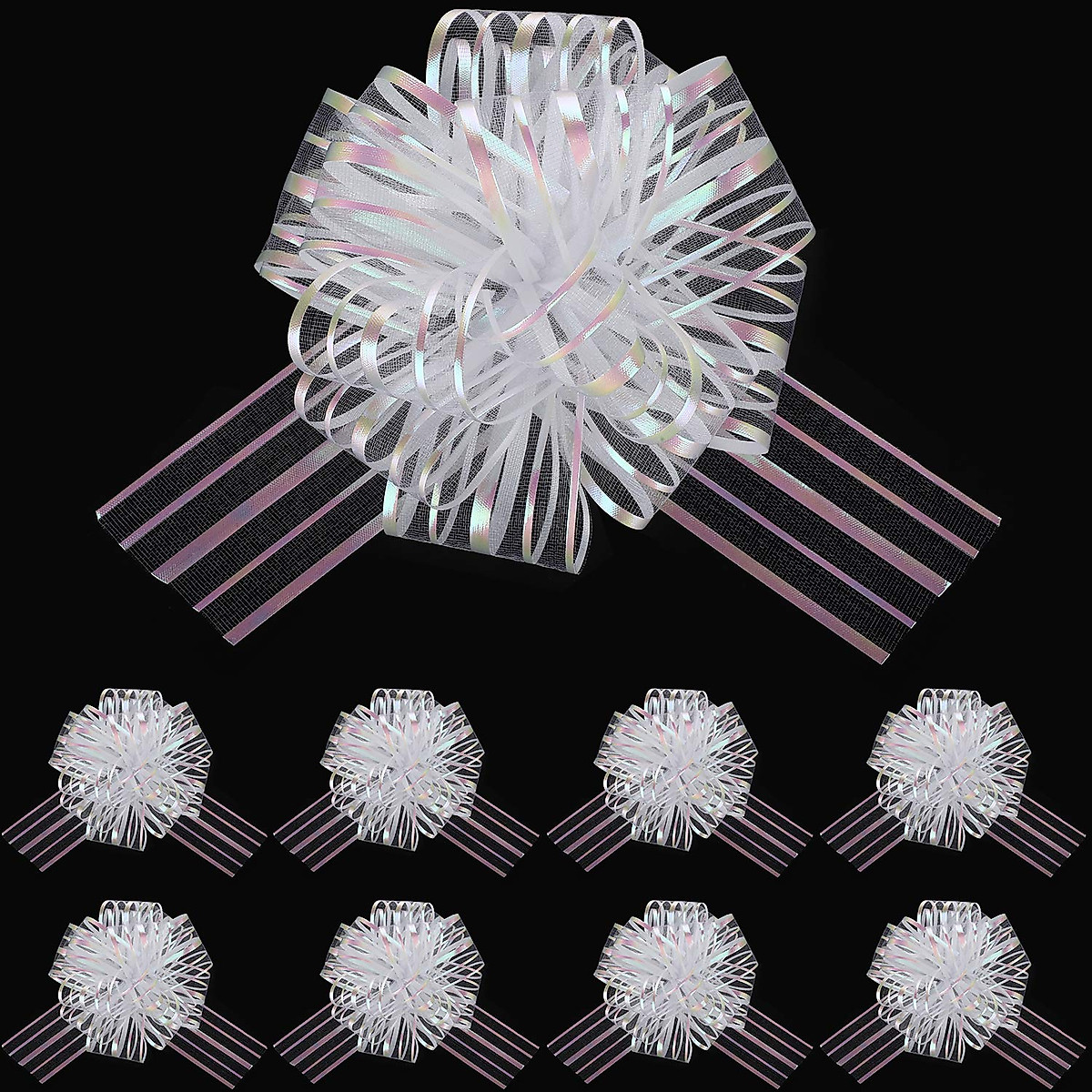 TecUnite 10 Pack Pull Bow, Organza White Large 6 Inches Pull String Bows for Wedding Christmas Easter Gifts