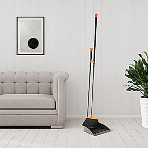 Broom and Dustpan Set for Home,Long Handle Broom with Upright Standing Dustpan,Broom and Dustpan Combo for Office Home Kitchen Lobby Floor Cleaning