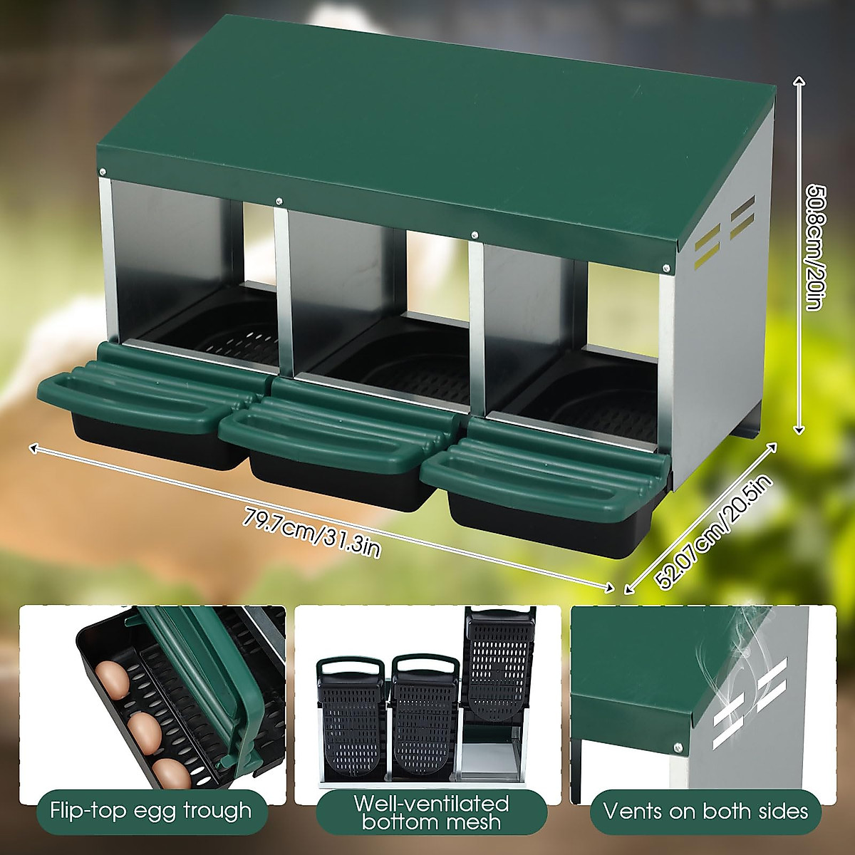 Therwen Chicken Roll Out Nesting Boxes Egg Laying Box with 3 Compartment 6 Pcs Automatic Poultry Nipples 3 Pcs Washable Nesting Box Pads 3 Pcs Fake Eggs and Gloves for Chicken and Poultry House