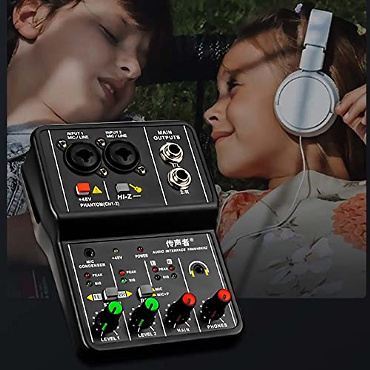 GOWENIC 2 Channel Audio Mixer, DJ Audio Mixer, USB 48V Phantom Power Compact Sound Mixing Console USB Soundcard for PC Recording Home Karaoke Internet